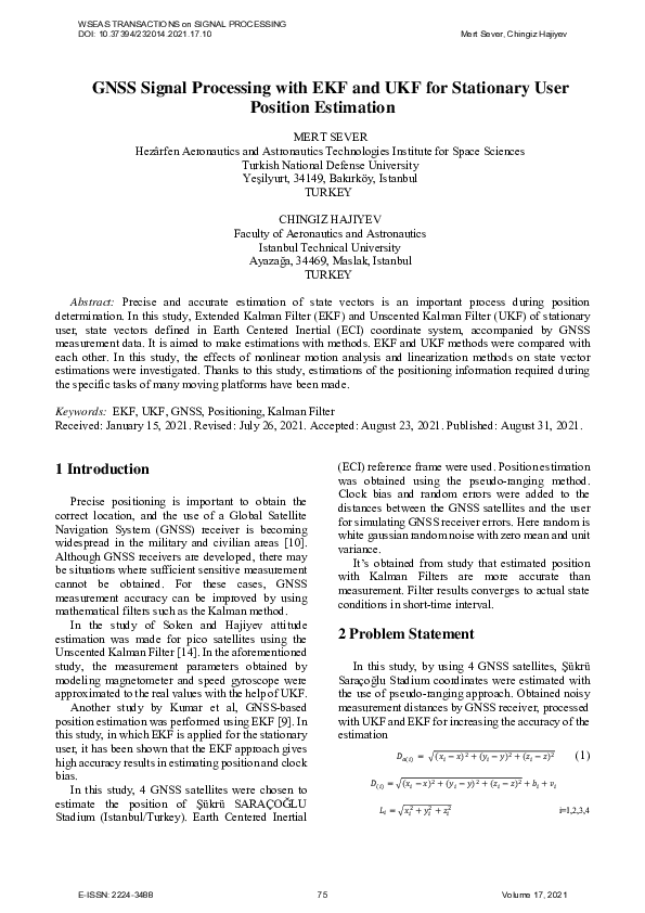 (PDF) GNSS Signal Processing with EKF and UKF for Stationary User Position Estimation