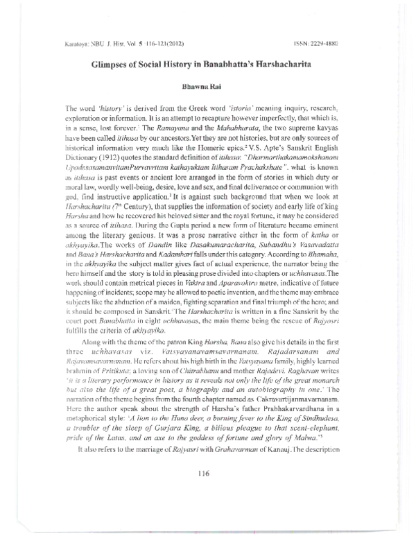 (PDF) Glimpses of Social History in Banabhatta ' s Harshacharita