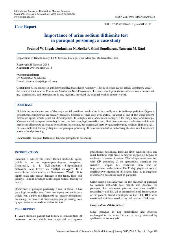 (PDF) Importance of urine sodium dithionite test in paraquat poisoning ...