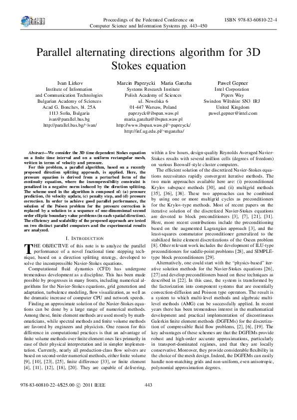 (PDF) Parallel alternating directions algorithm for 3D Stokes equation
