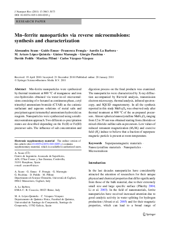 (PDF) Mn–ferrite nanoparticles via reverse microemulsions: synthesis and characterization