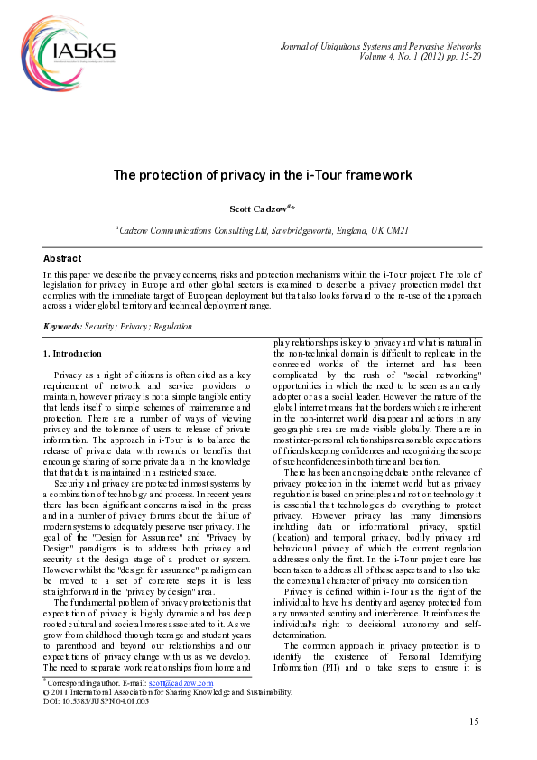 (PDF) The protection of privacy in the i-Tour framework