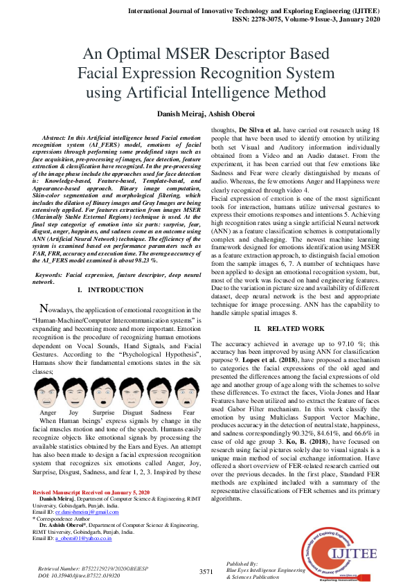 Pdf An Optimal Mser Descriptor Based Facial Expression Recognition System Using Artificial 