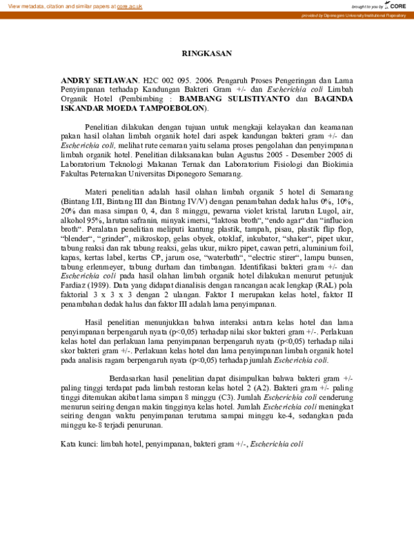 (PDF) Pengaruh Proses Pengeringan dan Lama Penyimpanan terhadap Kandungan Bakteri Gram+/-dan ...