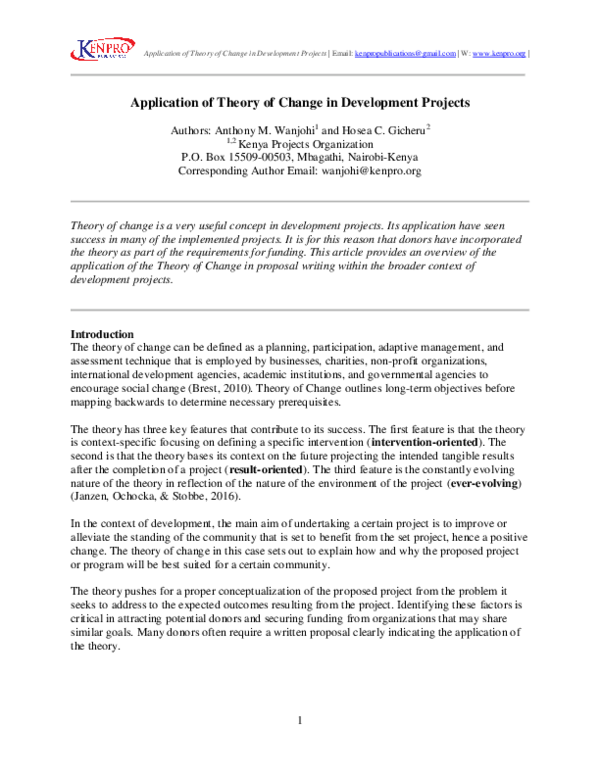 (PDF) Application of Theory of Change in Development Projects