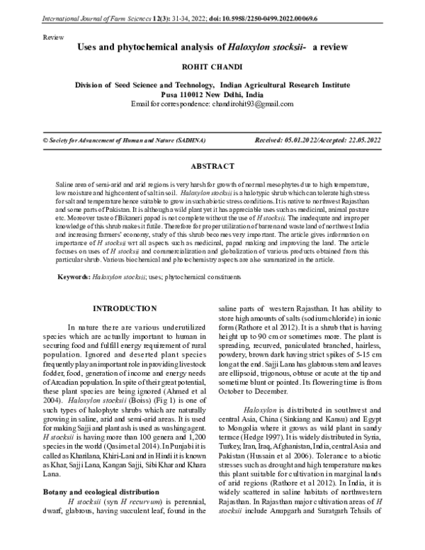 (PDF) Uses and Phytochemical Analysis of Haloxylon Stocksii- A Review