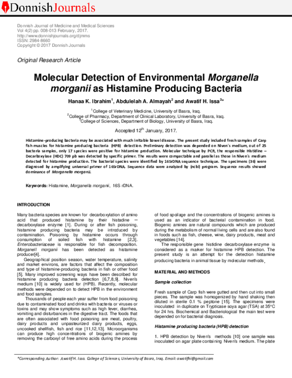 Pdf Molecular Detection Of Environmental Morganella Morganii As