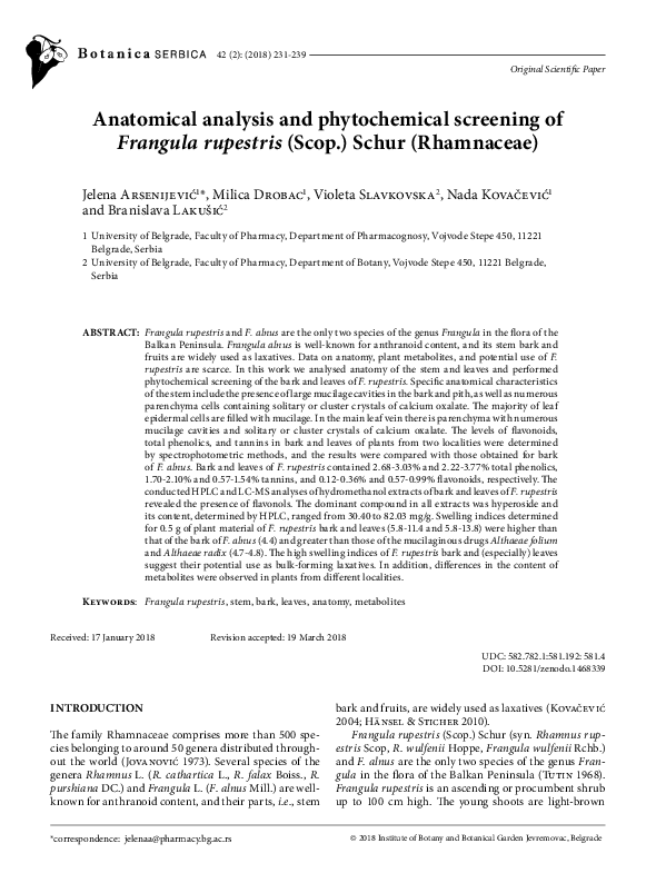 (PDF) Anatomical Analysis And Phytochemical Screening Of Frangula ...