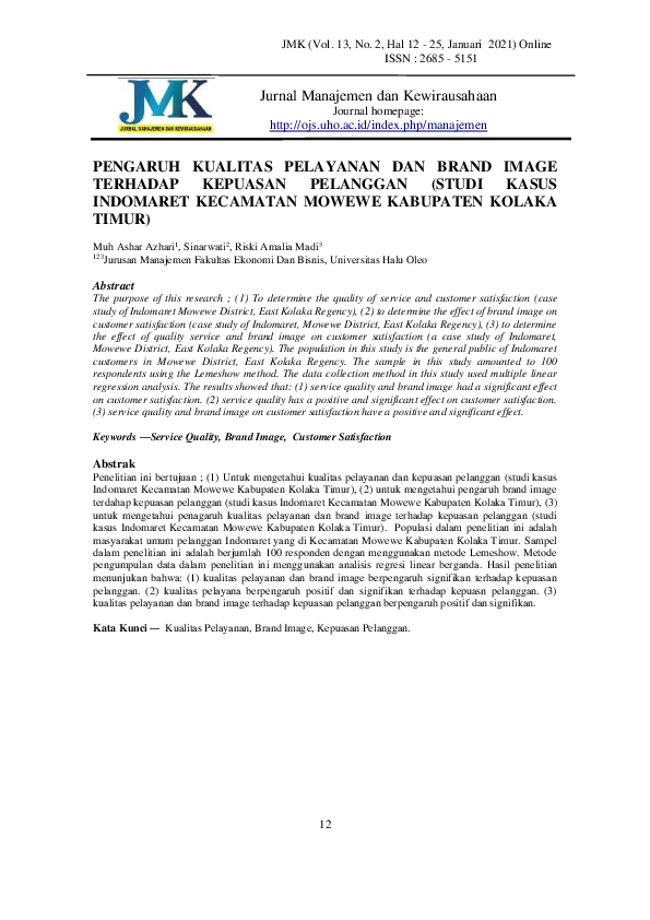 (PDF) Pengaruh Kualitas Pelayanan Dan Brand Image Terhadap Kepuasan Pelanggan (Studi Kasus ...