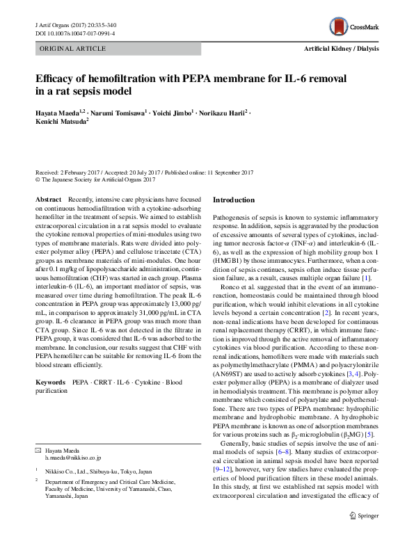 (PDF) Efficacy of hemofiltration with PEPA membrane for IL-6 removal in ...
