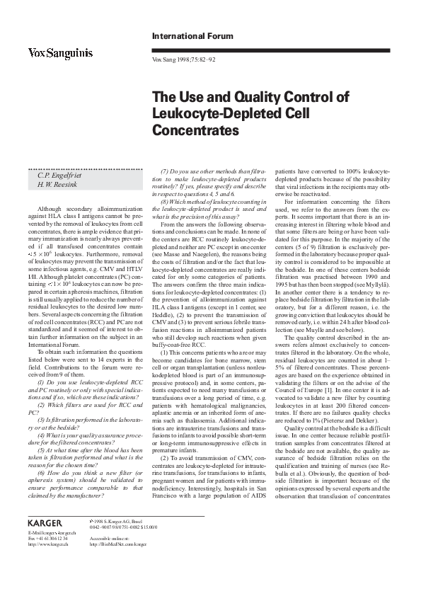 (PDF) The Use and Quality Control of Leukocyte-Depleted Cell Concentrates