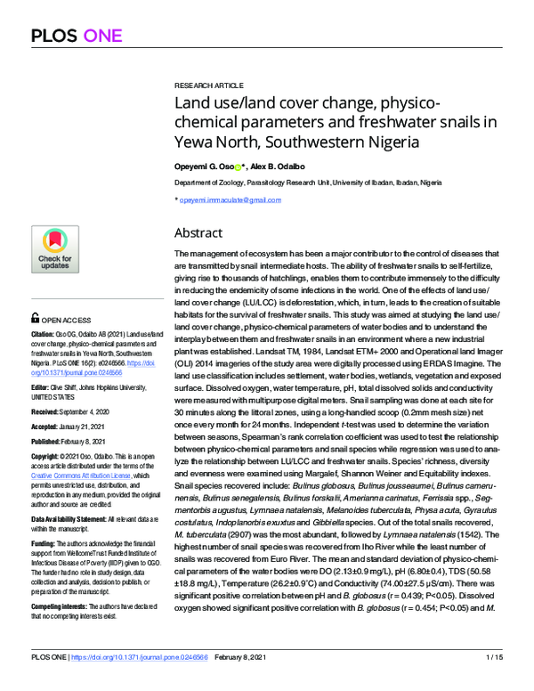 (PDF) Land use/land cover change, physico-chemical parameters and ...