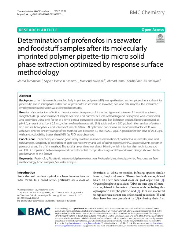 (PDF) Determination of profenofos in seawater and foodstuff samples after its molecularly ...