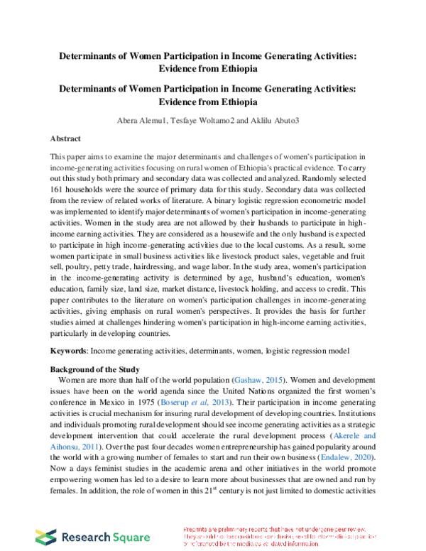 (PDF) Determinants of Women Participation in Income Generating ...