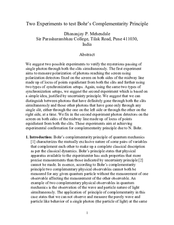 (PDF) Two Experiments to test Bohr's Complementarity Principle