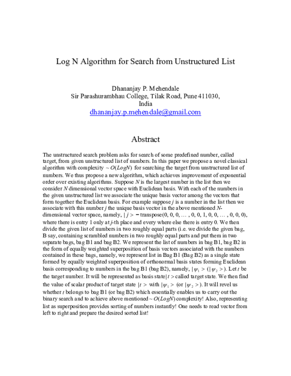 Pdf Log N Algorithm For Search From Unstructured List