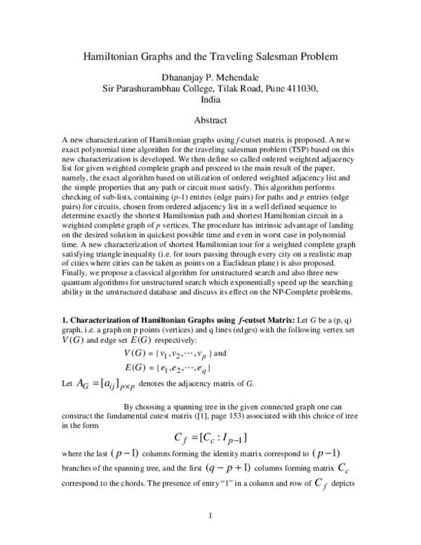 (PDF) Hamiltonian Graphs and The Traveling Salesman Problem