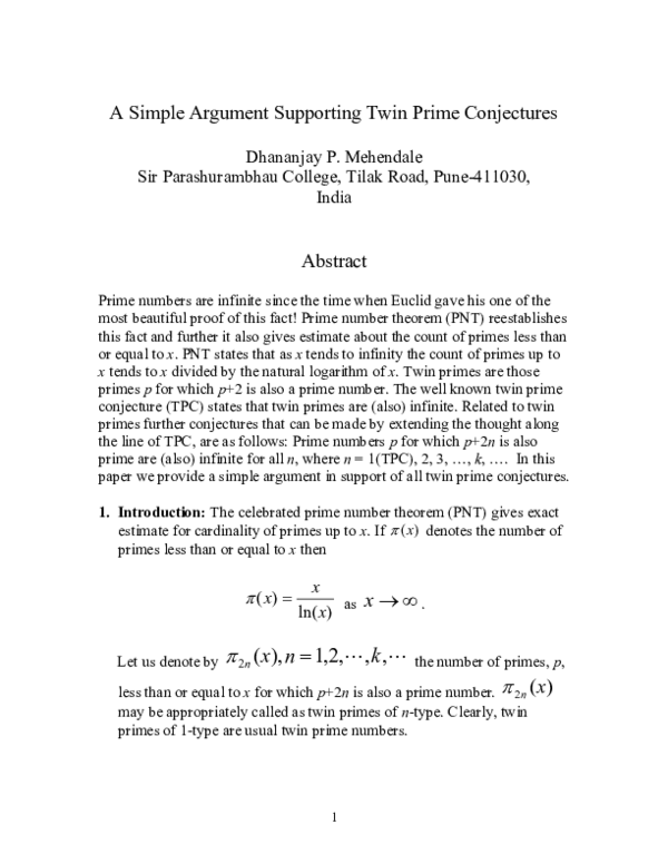(PDF) A Simple Argument Supporting Twin Prime Conjectures