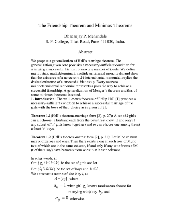 (PDF) The Friendship Theorem and Minimax Theorems | Dhananjay Mehendale ...