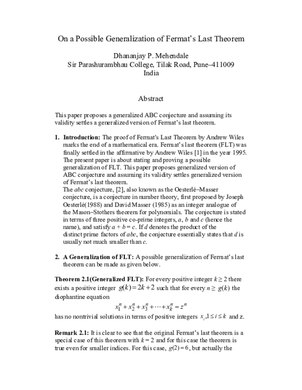 (PDF) On a Possible Generalization of Fermat's Last Theorem