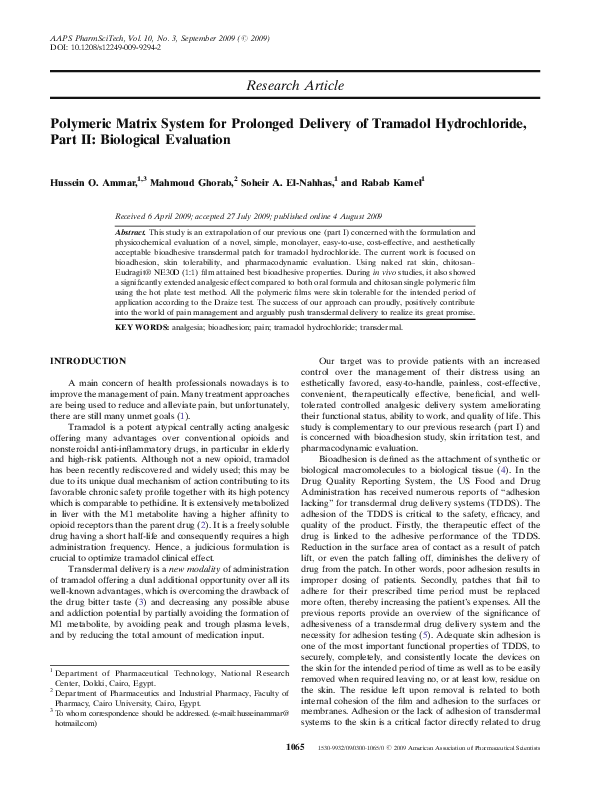 Pdf Polymeric Matrix System For Prolonged Delivery Of Tramadol Hydrochloride Part Ii