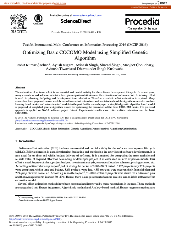 (PDF) Optimizing Basic COCOMO Model Using Simplified Genetic Algorithm