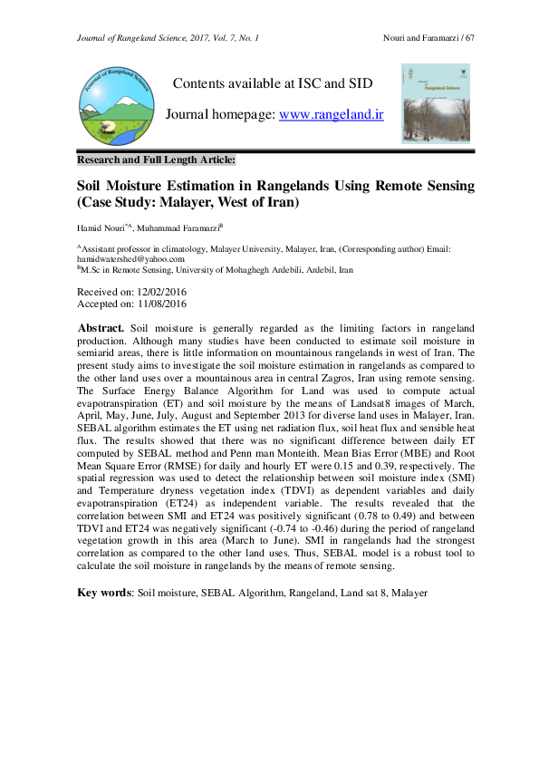 (PDF) Soil Moisture Estimation in Rangelands Using Remote Sensing (Case Study: Malayer, West of ...