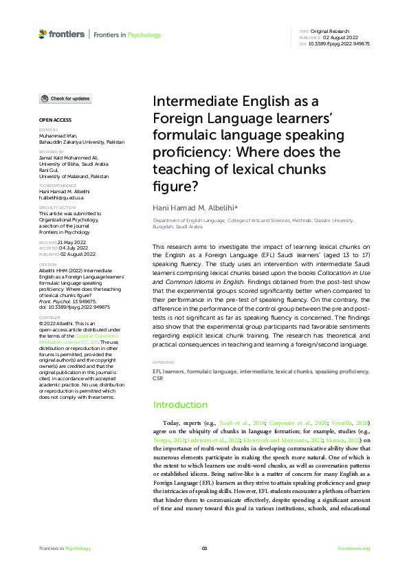 (PDF) Intermediate English as a Foreign Language learners’ formulaic language speaking ...