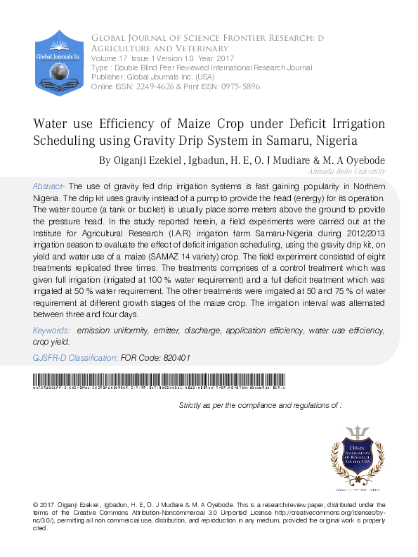 Pdf Water Use Efficiency Of Maize Crop Under Deficit Irrigation