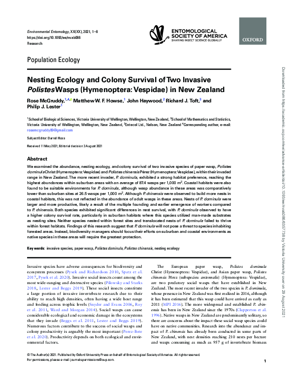 (PDF) Nesting Ecology and Colony Survival of Two Invasive Polistes ...