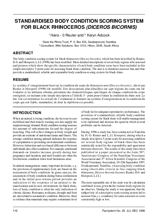 (PDF) Standardised body condition scoring system for black rhinoceros ...