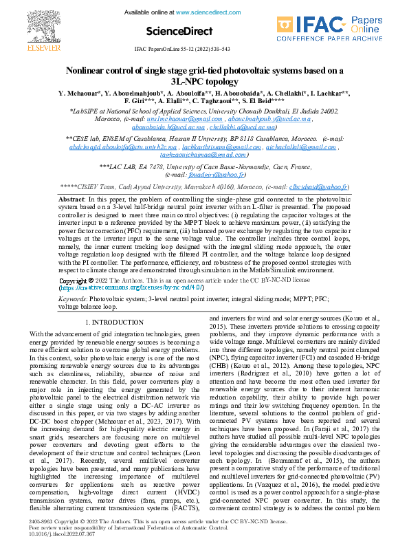 Pdf Nonlinear Control Of Single Stage Grid Tied Photovoltaic Systems Based On A 3l Npc Topology
