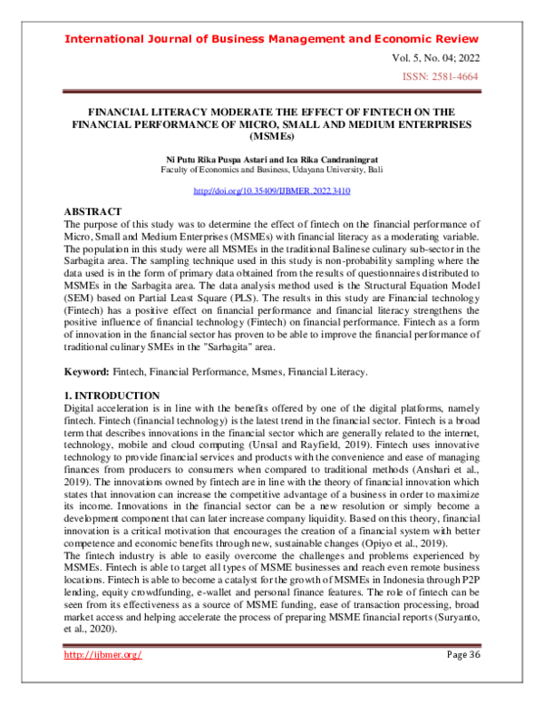 (PDF) FINANCIAL LITERACY MODERATE THE EFFECT OF FINTECH ON THE FINANCIAL PERFORMANCE OF MICRO ...