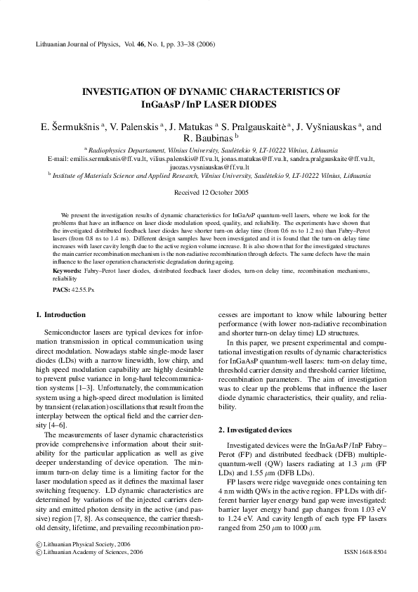 (PDF) Investigation of dynamic characteristics of InGaAsP/InP laser diodes | Emilis Sermuksnis ...