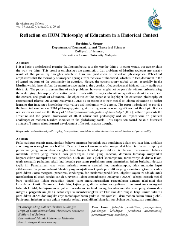 (PDF) Reflection on IIUM philosophy of education in a historical context