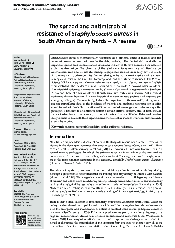 (PDF) The spread and antimicrobial resistance of Staphylococcus aureus in South African dairy ...