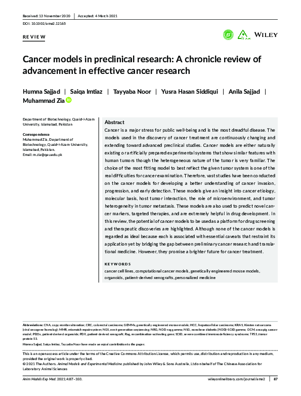 (PDF) Cancer models in preclinical research: A chronicle review of ...