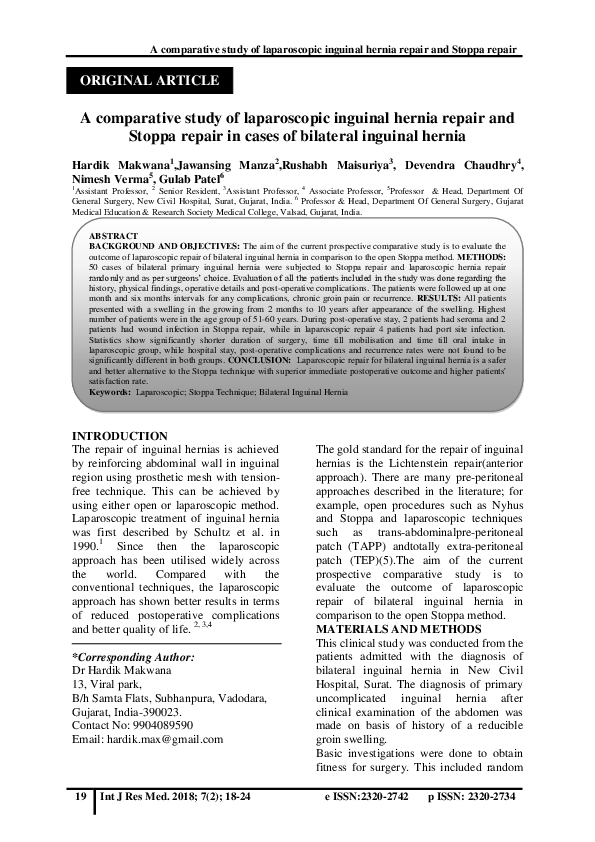 (PDF) A comparative study of laparoscopic inguinal hernia repair and Stoppa repair in cases of ...