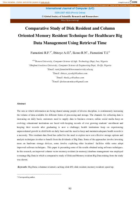 (PDF) Comparative Study of Disk Resident and Column Oriented Memory Resident Technique for ...