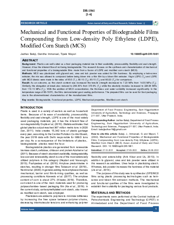 (PDF) Mechanical and Functional Properties of Biodegradable Films Compounding from Low-density ...