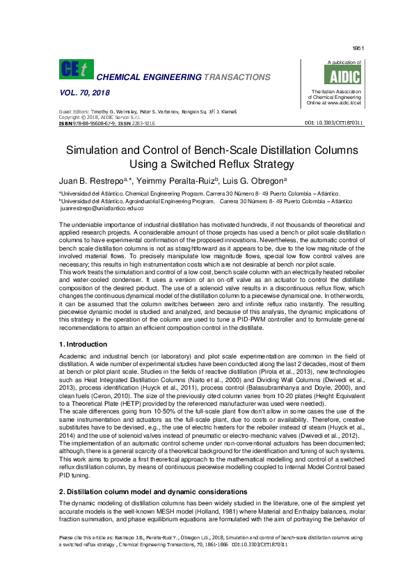 (PDF) Simulation and control of bench-scale distillation columns using a switched reflux strategy