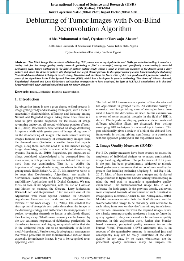 (PDF) Deblurring of Tumor Images with Non-Blind Deconvolution Algorithm (PDF) Deblurring of Tumor Images with Non-Blind Deconvolution Algorithm
