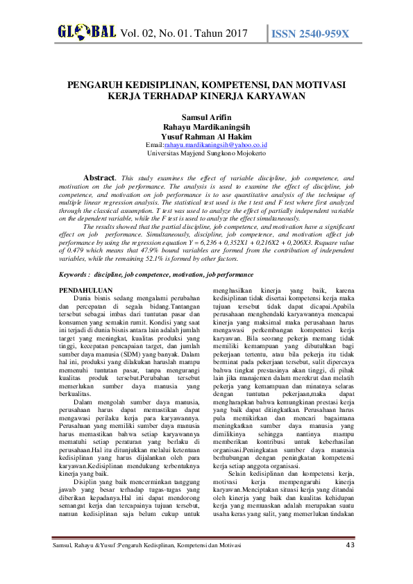 (PDF) Pengaruh Kedisiplinan, Kompetensi, Dan Motivasi Kerja Terhadap Kinerja Karyawan