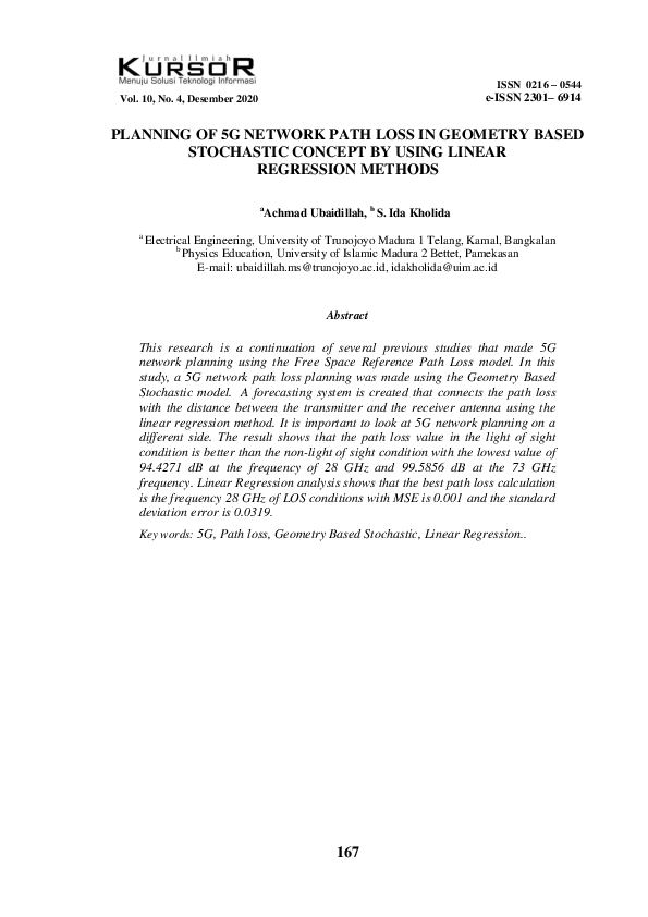 (PDF) Planning of 5G Network Path Loss in Geometry Based Stochastic Concept by Using Linear ...