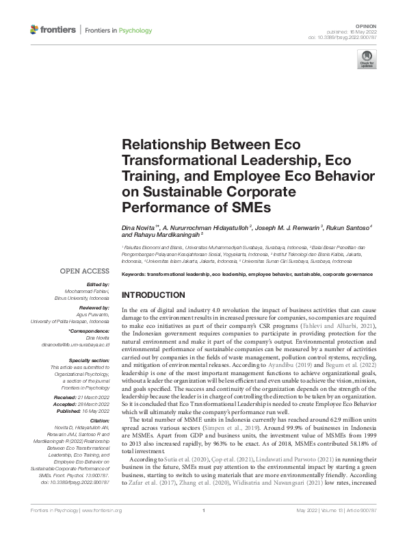 (PDF) Relationship Between Eco Transformational Leadership, Eco Training, and Employee Eco ...