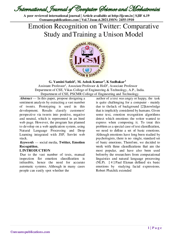 (PDF) Emotion Recognition on Twitter: Comparative Study and Training a Unison Model