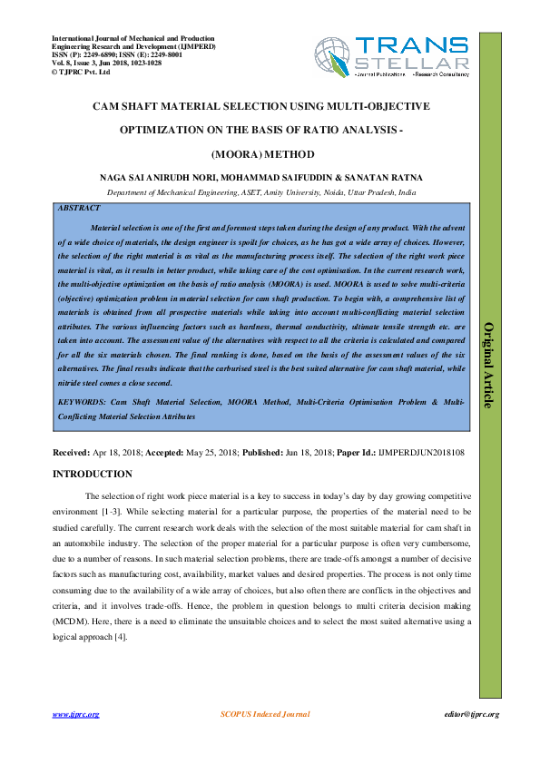 Pdf Cam Shaft Material Selection Using Multi Objective Optimization On The Basis Of Ratio
