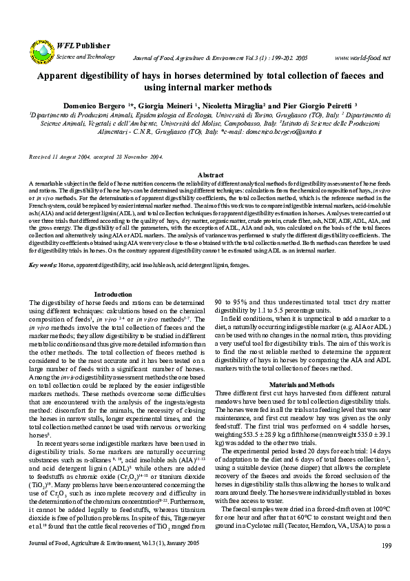 (PDF) Apparent digestibility of hays in horses determined by total ...