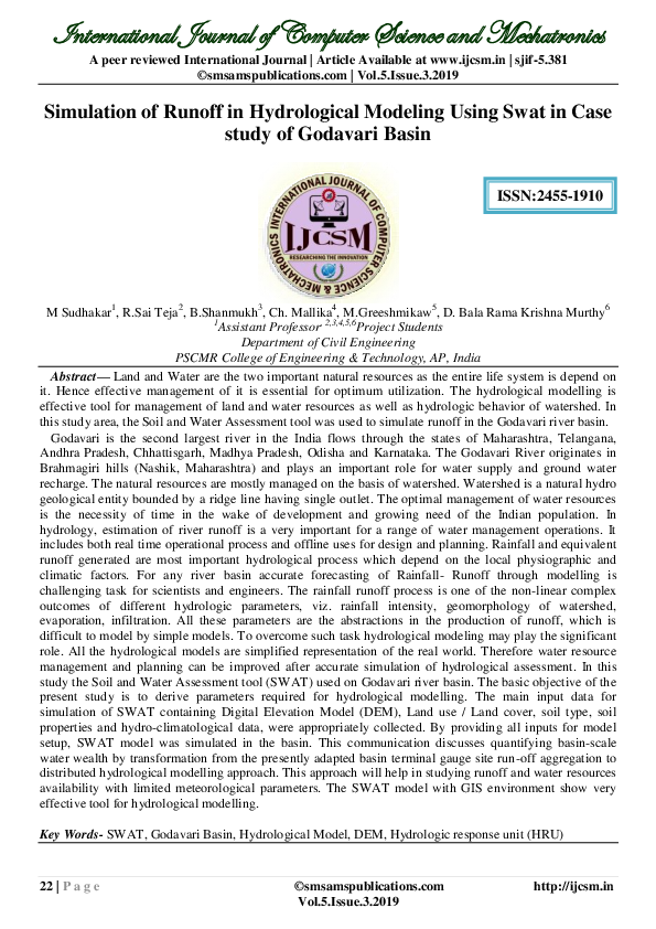 Pdf Simulation Of Runoff In Hydrological Modeling Using Swat In Case