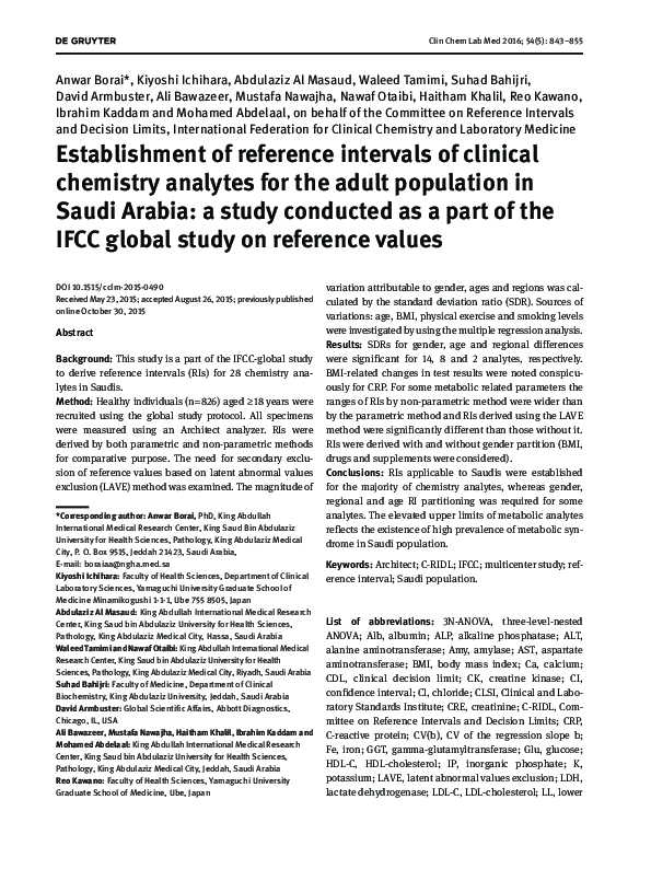 (PDF) Establishment of reference intervals of clinical chemistry ...